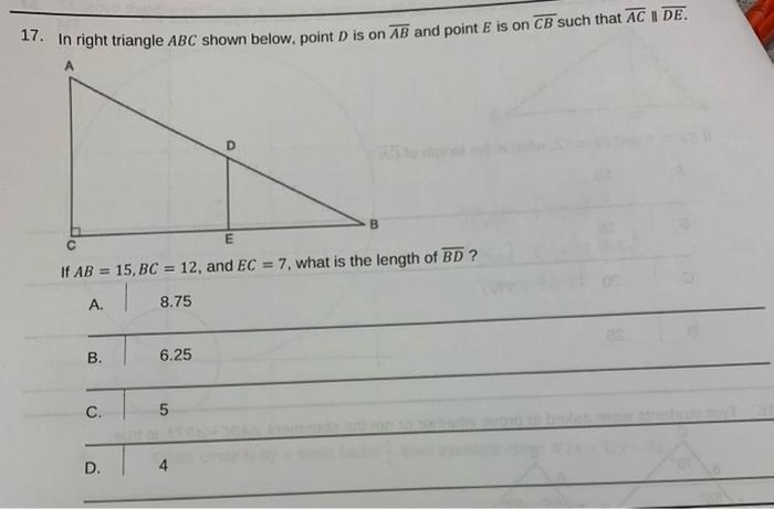 Solved 17. In right triangle ABC shown below, point D is on | Chegg.com