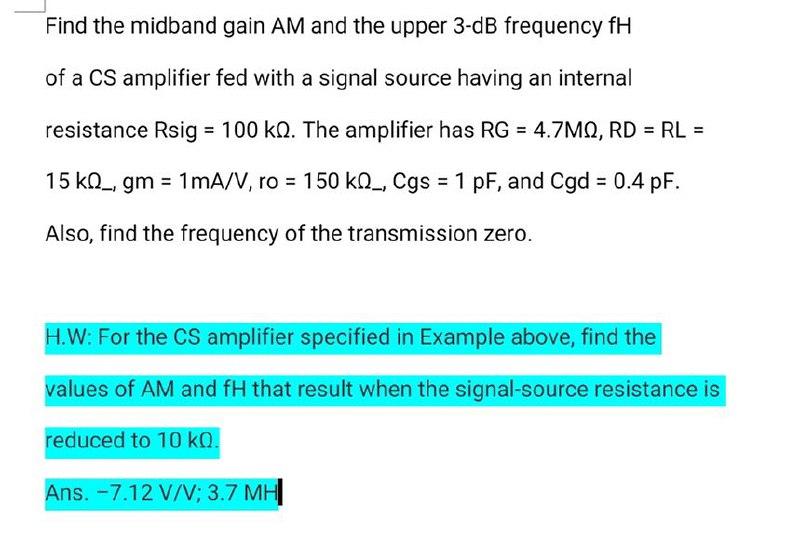 Solved Find the midband gain AM and the upper 3-dB frequency | Chegg.com