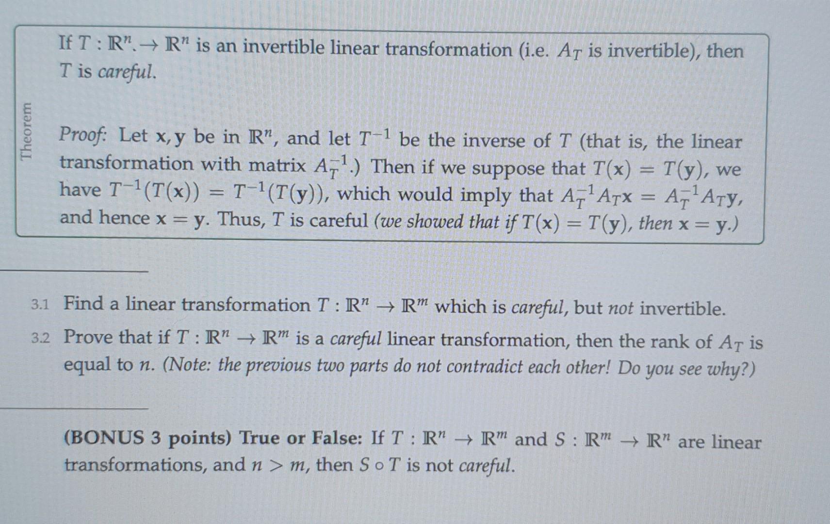 Solved If T:R" + R" is an invertible linear transformation | Chegg.com