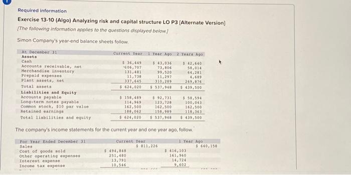 Solved Required information Exercise 13-10 (Algo) Analyzing | Chegg.com