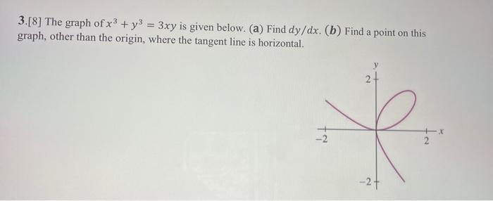 Solved 3. [8] The graph of x3+y3=3xy is given below. (a) | Chegg.com