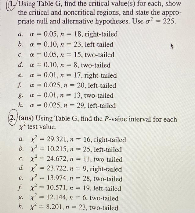 Solved == a. 1. Using Table G, find the critical value(s) | Chegg.com