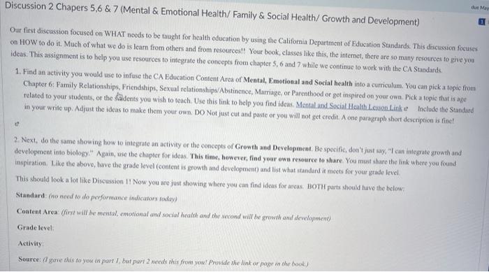 Discussion 2 Chapers 5,6 & 7 (Mental & Emotional | Chegg.com