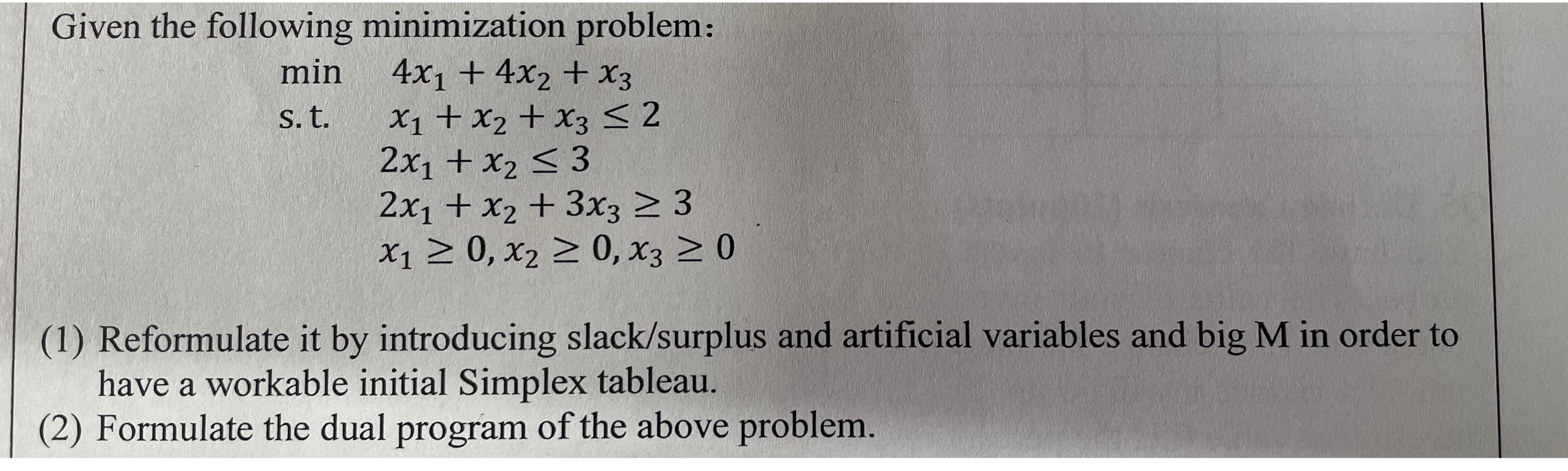 Solved Given the following minimization | Chegg.com