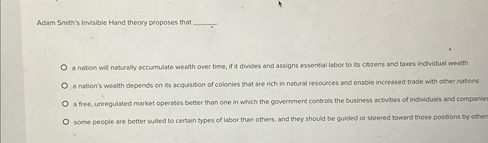 Solved Adam Smith's Invisible Hand theory proposes thata | Chegg.com