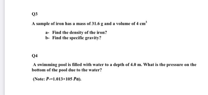 Solved A sample of iron has a mass of 31.6 g and a volume of | Chegg.com