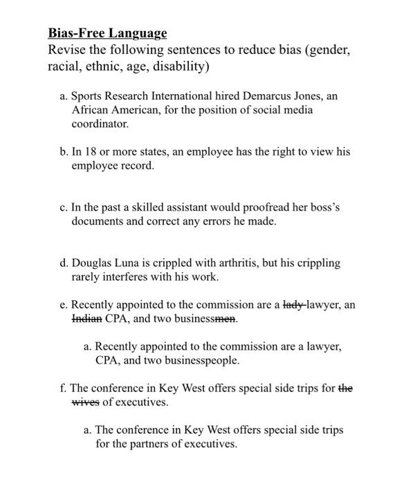 Bias-Free Language Revise the following sentences to | Chegg.com