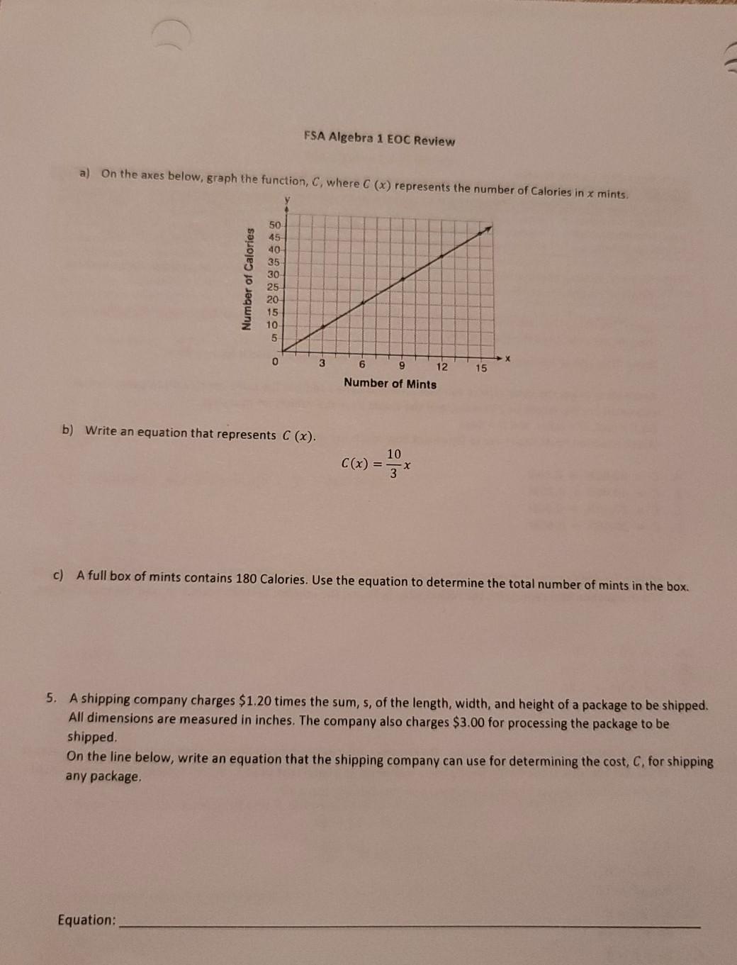 Solved FSA Algebra 1 EOC Review a) On the axes below, graph | Chegg.com