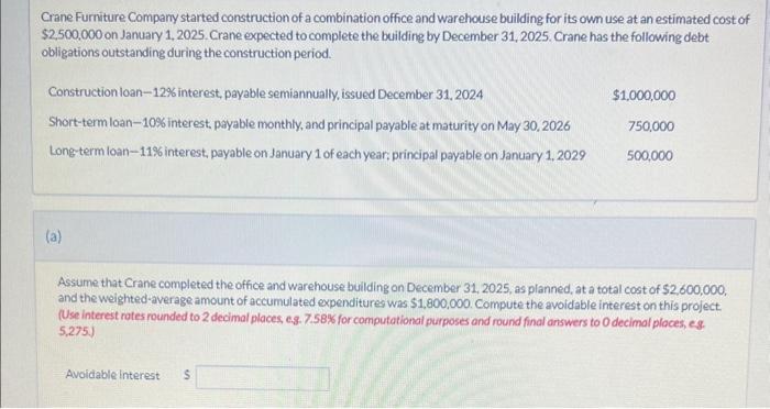 Solved Crane Furniture Company started construction of a | Chegg.com
