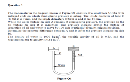 The manometer in the diagram shown in Figure Q1 | Chegg.com