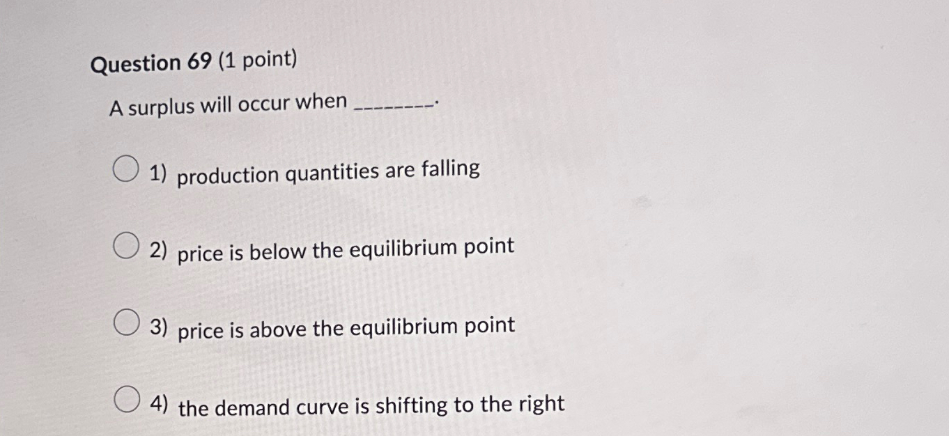 Solved Question 69 (1 ﻿point)A surplus will occur | Chegg.com