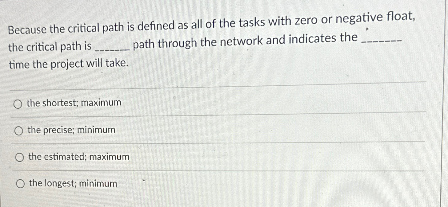 Solved Because the critical path is defined as all of the | Chegg.com