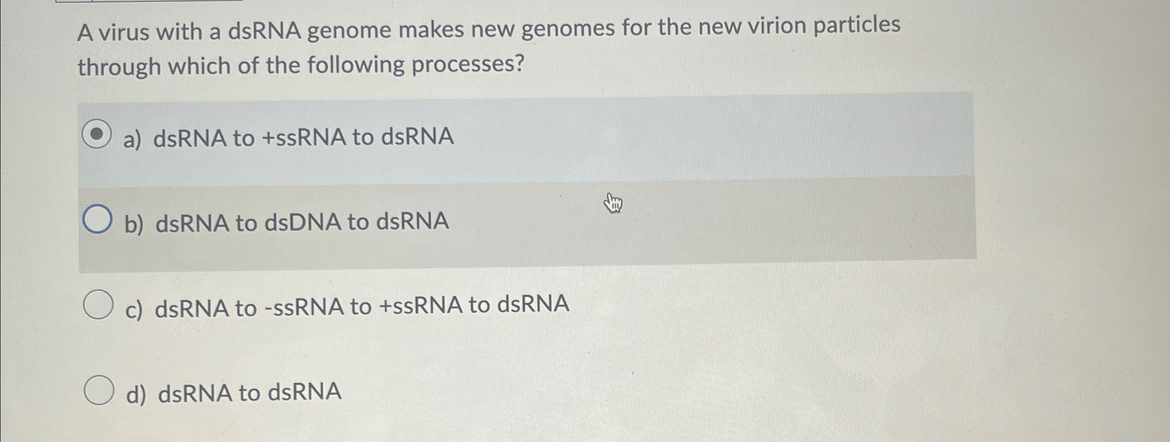 Solved A virus with a dsRNA genome makes new genomes for the | Chegg.com