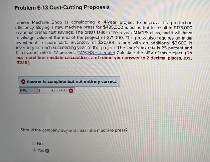 Solved Problem 6-13 Cost-Cutting Proposals Tanaka Machine | Chegg.com