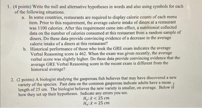Solved 1. (4 points) Write the null and alternative | Chegg.com