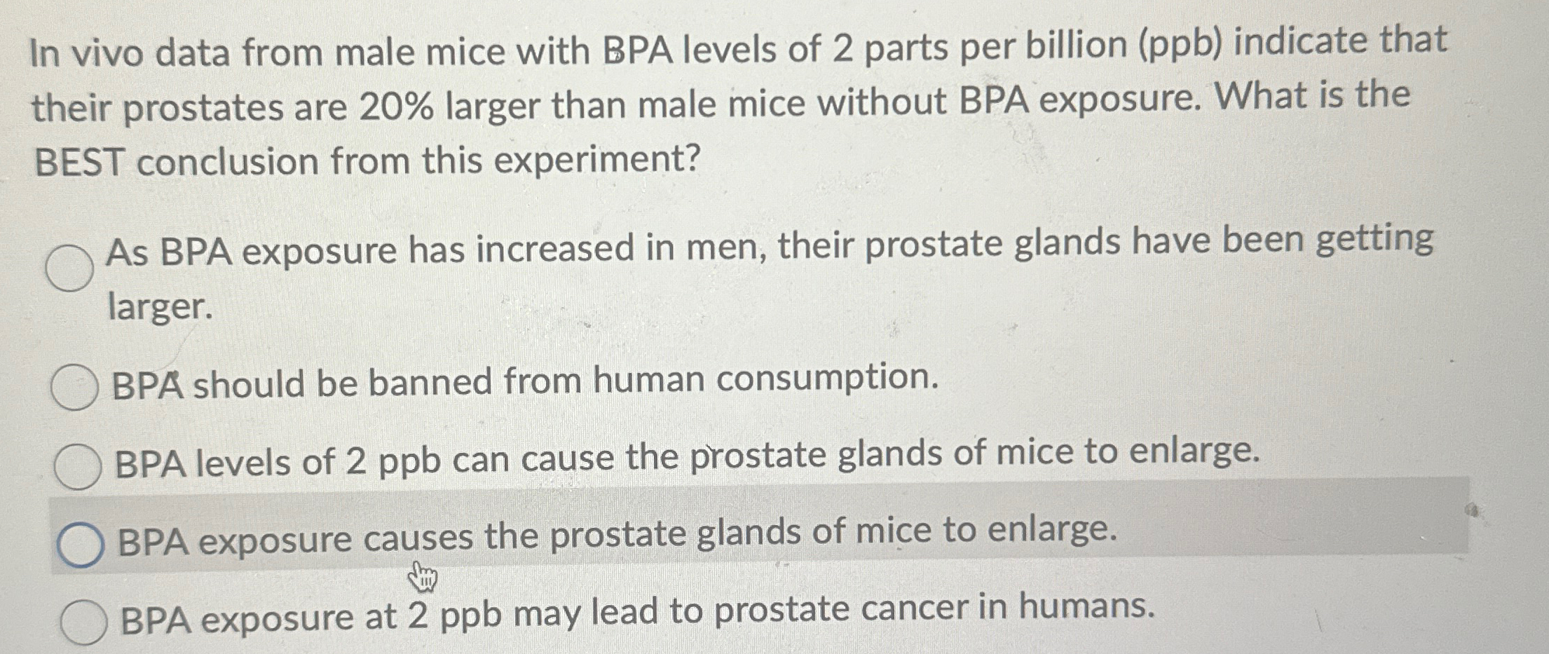 In vivo data from male mice with BPA levels of 2 | Chegg.com