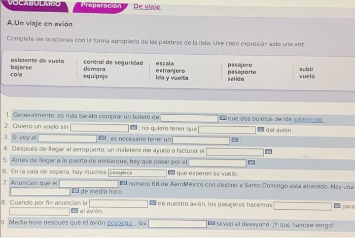 VOCABULARIO Preparacion De viaje A.Un viaje en avión | Chegg.com