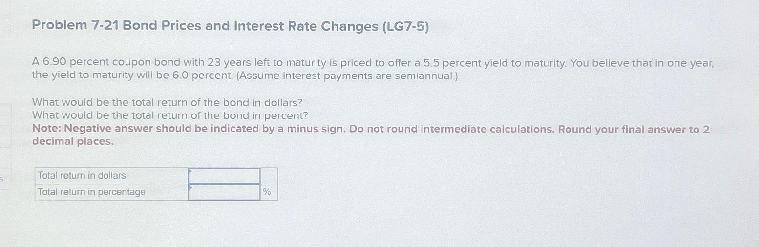 Solved Problem 7-21 ﻿Bond Prices and Interest Rate Changes | Chegg.com