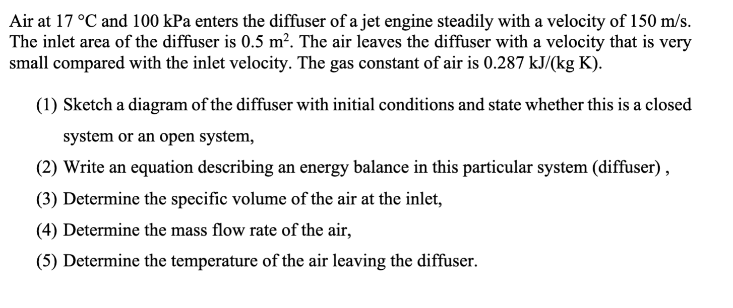 Solved Air at 17°C ﻿and 100kPa enters the diffuser of a jet | Chegg.com
