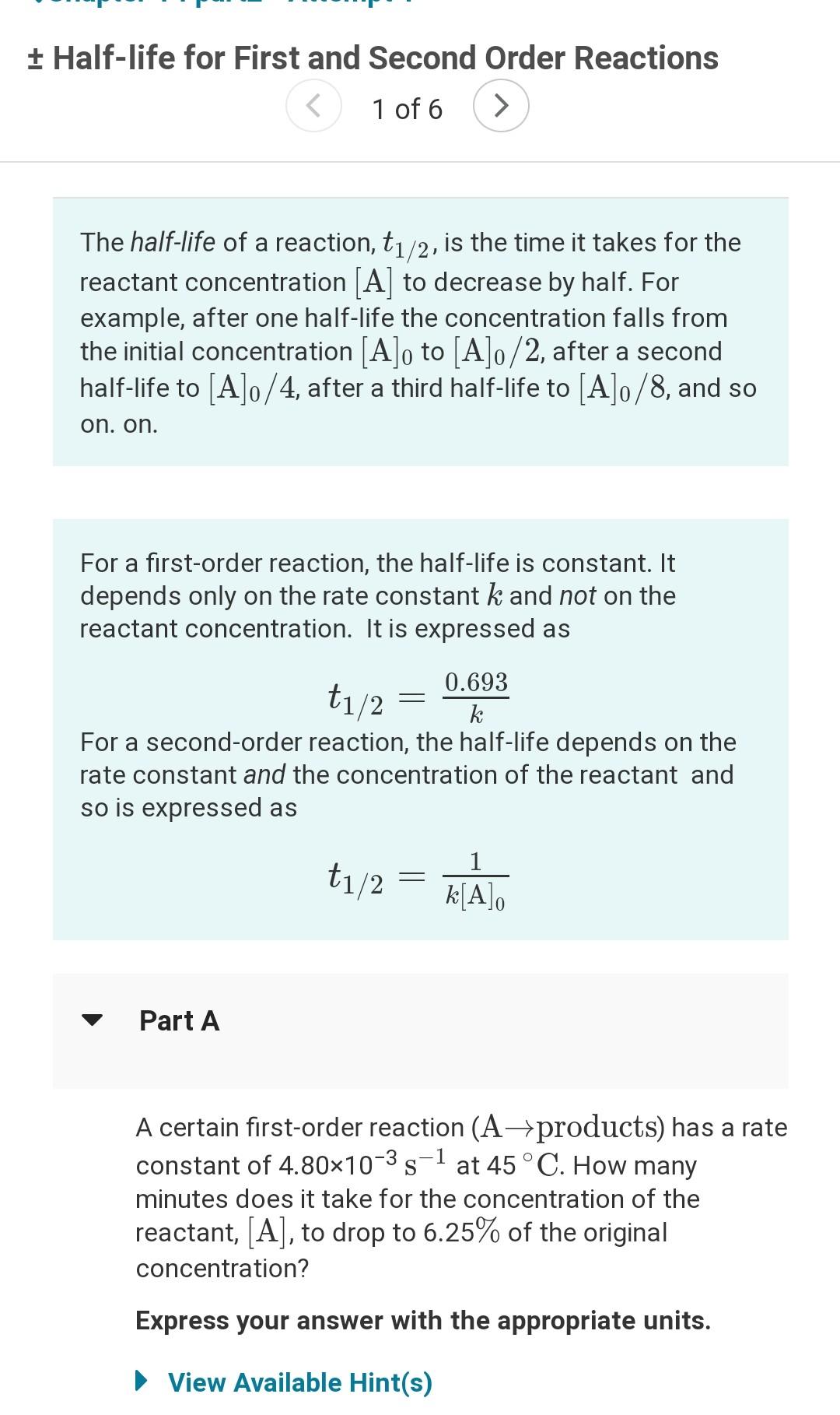 Solved + Half-life for First and Second Order Reactions