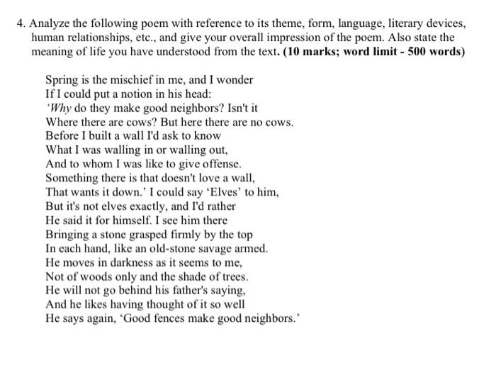 4. Analyze the following poem with reference to its | Chegg.com