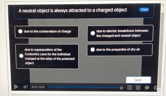 Solved 1 Point A neutral object is always attracted to a | Chegg.com