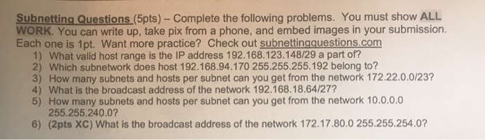Solved Subnetting Questions 5pts Complete The Following
