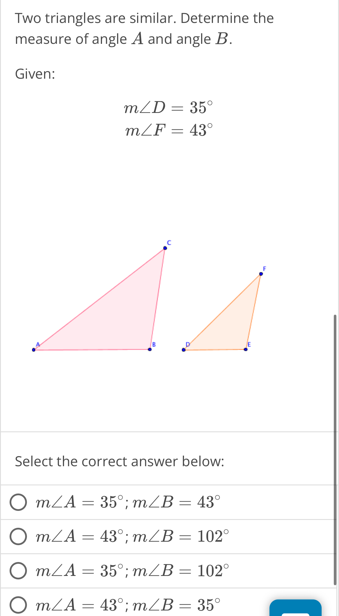 Solved Two triangles are similar. Determine the measure of | Chegg.com