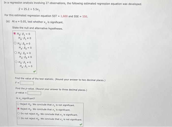 Solved regression analysis involving 27 observations, the | Chegg.com