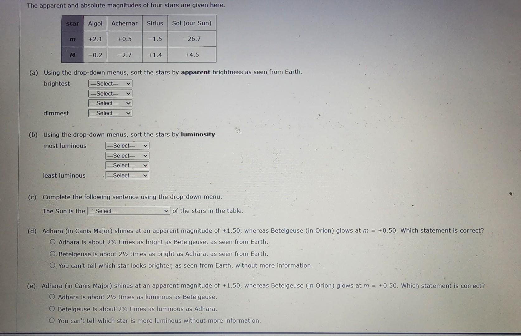 Solved The apparent and absolute magnitudes of four stars | Chegg.com