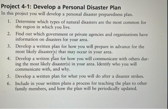 Solved Project 4-1: Develop a Personal Disaster Plan In this | Chegg.com
