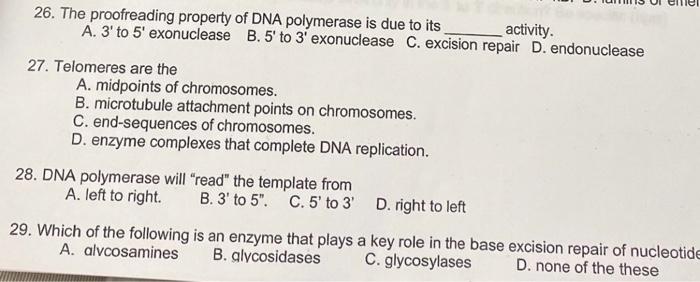 Solved 26. The proofreading property of DNA polymerase is | Chegg.com