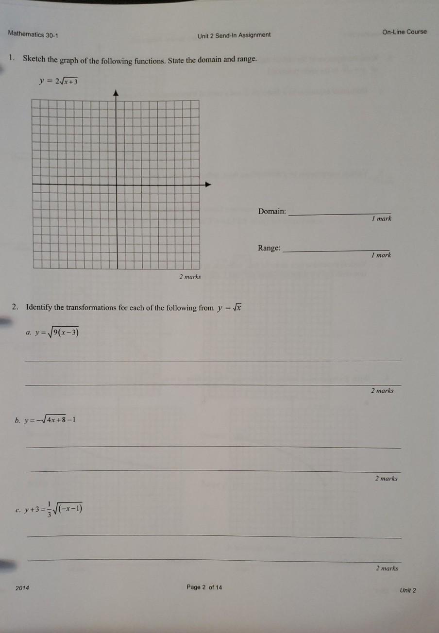 Solved Mathematics 30-1 Unit 2 Send-In Assignment On-Line | Chegg.com
