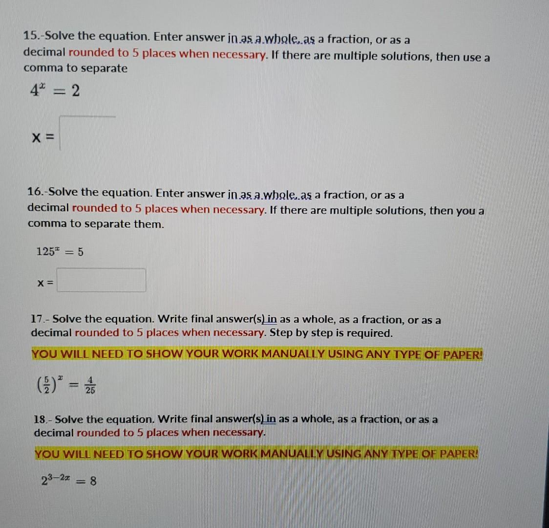 Solved 15.-Solve the equation. Enter answer in.as a.whole. | Chegg.com