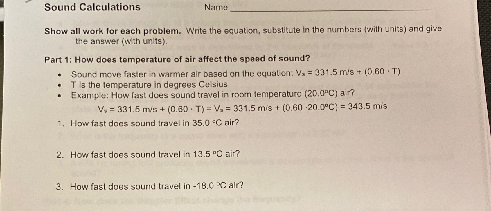 Solved Sound CalculationsNameShow all work for each problem. | Chegg.com