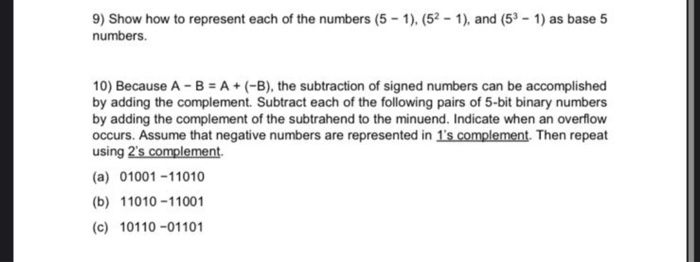 Solved 9) Show how to represent each of the numbers (5 - 1) | Chegg.com