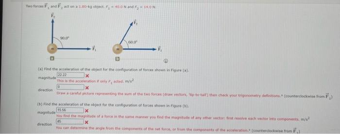 Solved Two Forces F And F Act On A 1 80 Kg Object F
