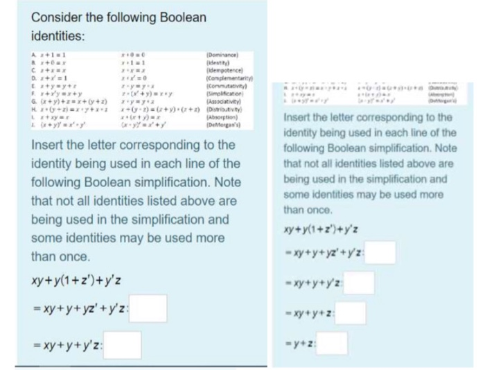 Solved Consider the following Boolean identities: A 2+1 C 0 | Chegg.com