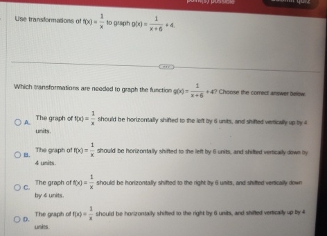 Solved Use transformations of f(x)=1x ﻿to graph | Chegg.com