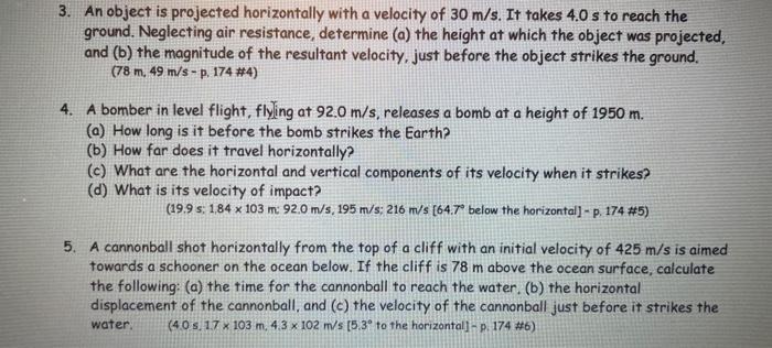 Solved 3. An object is projected horizontally with a | Chegg.com