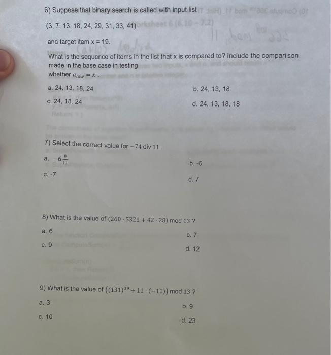 Solved 6) Suppose that binary search is called with input | Chegg.com