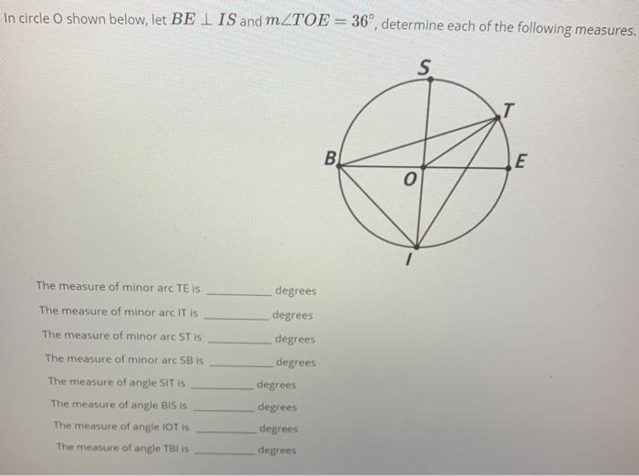 Solved In circle O shown below, let BE I IS and m_TOE = 36", | Chegg.com