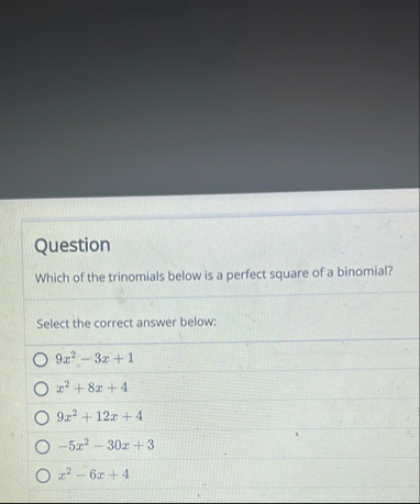 Solved QuestionWhich of the trinomials below is a perfect | Chegg.com