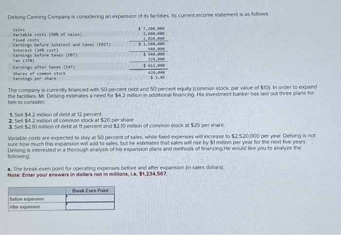 Delsing Canning Company is considering an expansion | Chegg.com