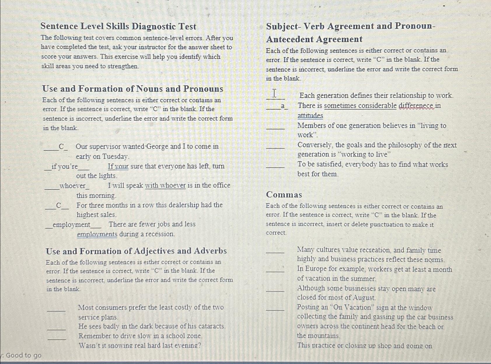Solved Sentence Level Skills Diagnostic TestThe following | Chegg.com