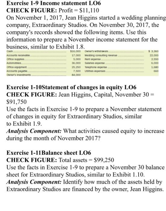 Solved Exercise 1-9 Income statement LO6 CHECK FIGURE: | Chegg.com