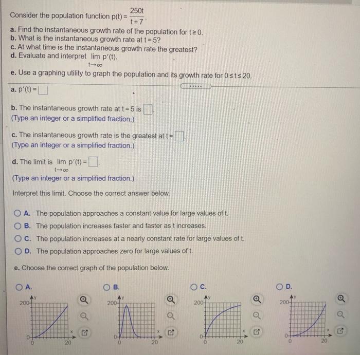 Solved 250 Consider the population function p(t) = t +7 a. | Chegg.com