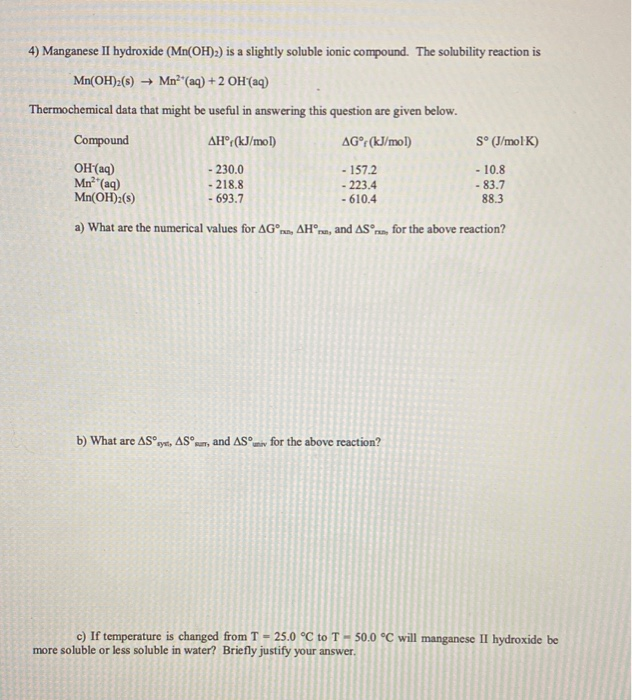 Solved 4) Manganese II hydroxide (Mn(OH)2) is a slightly | Chegg.com