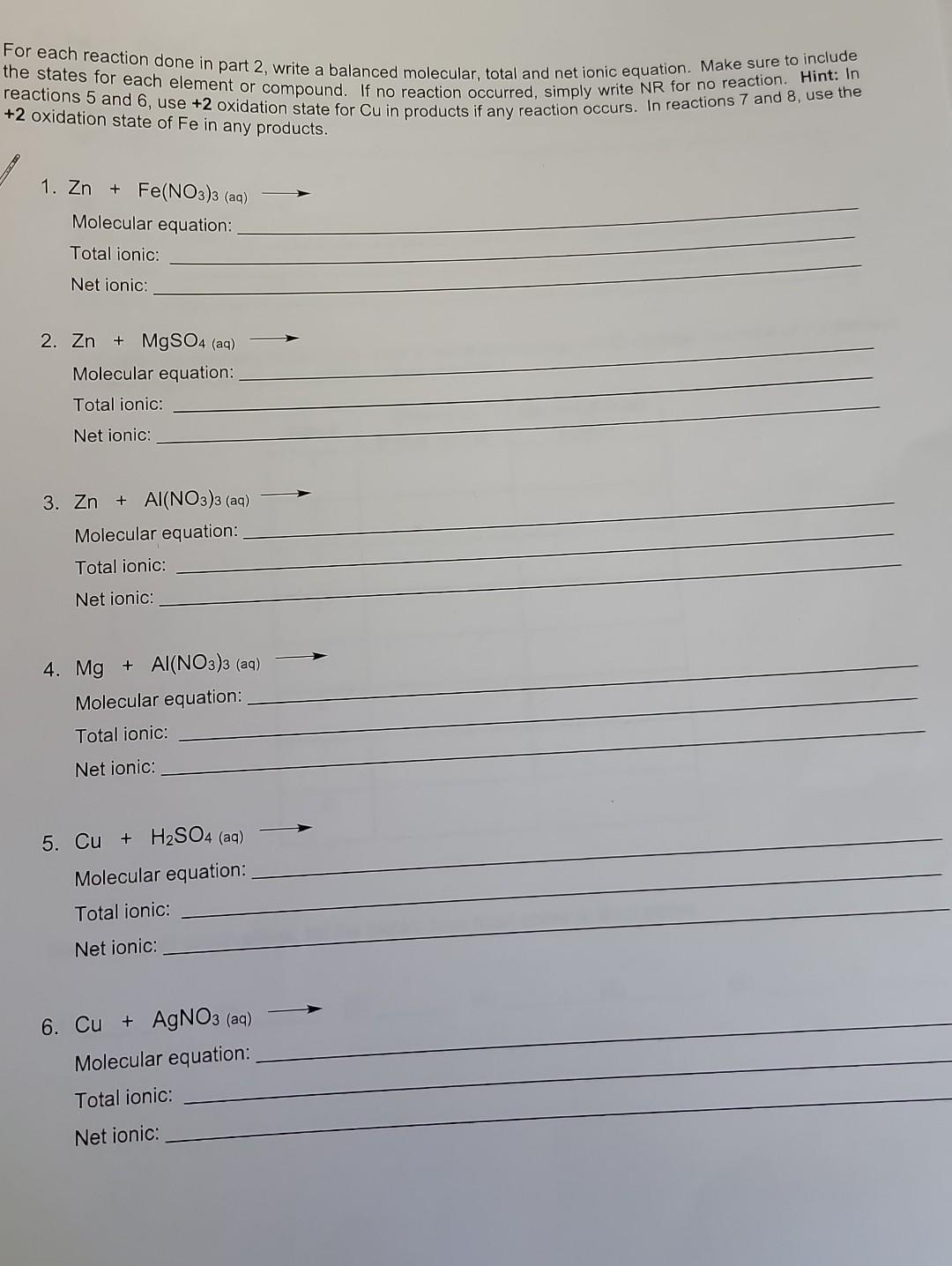 Solved For each reaction done in part 2, write a balanced | Chegg.com