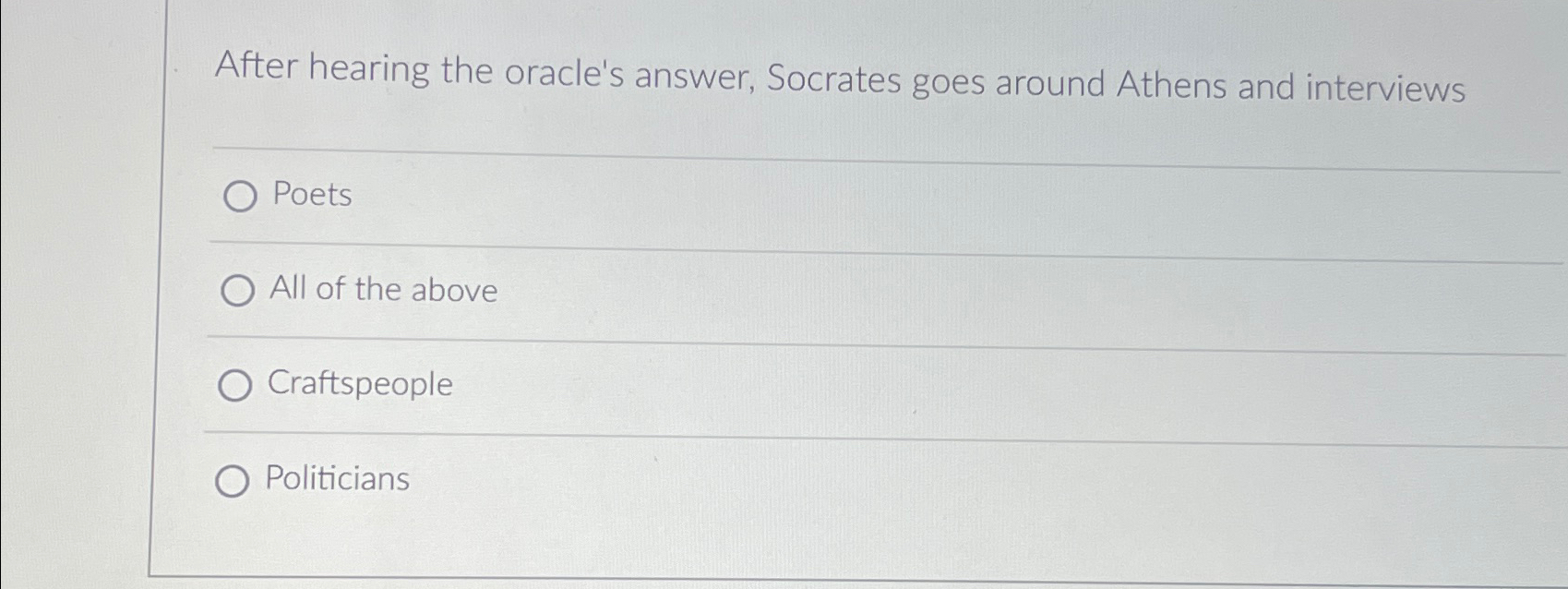 Solved After hearing the oracle's answer, Socrates goes | Chegg.com